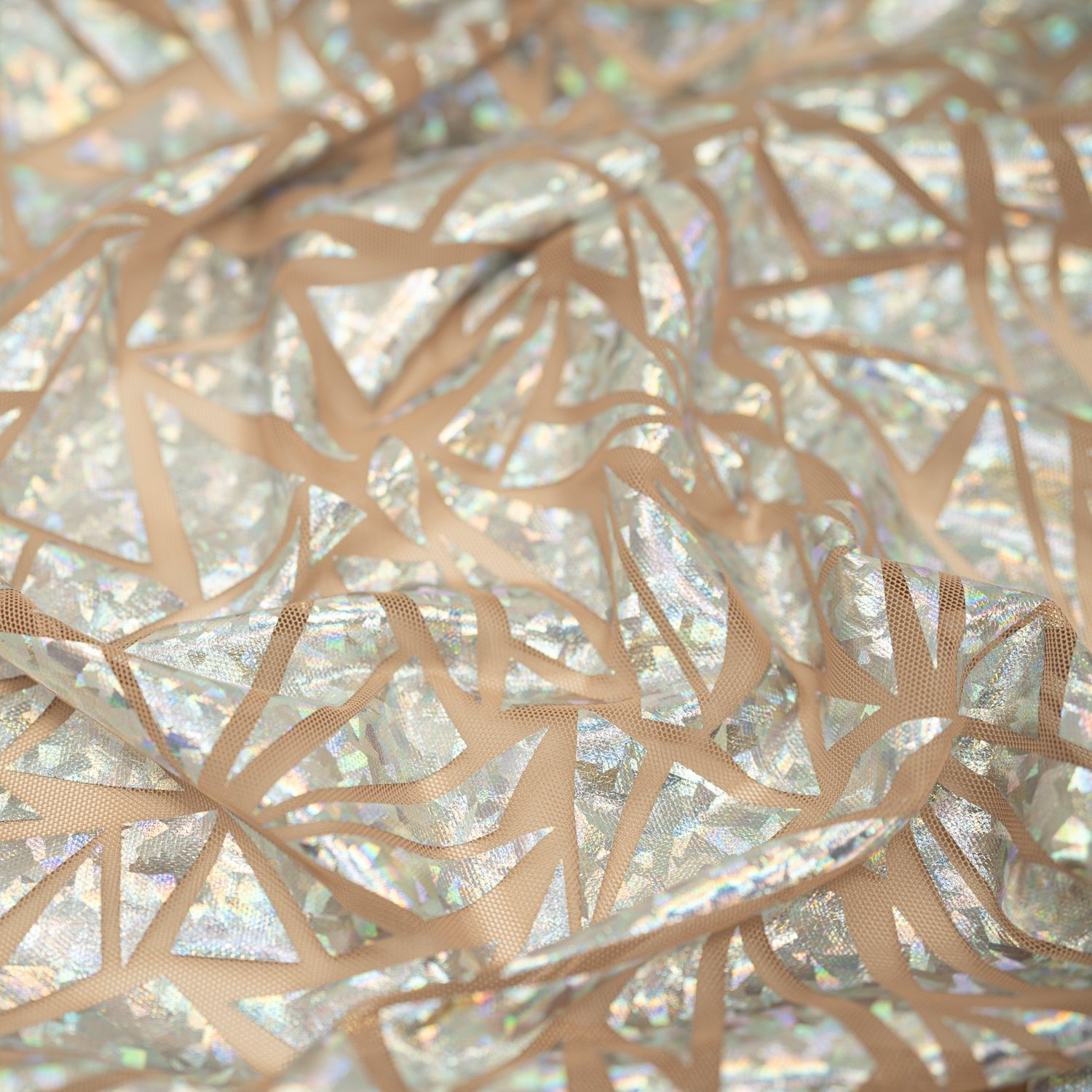 Abstract Triangle Foil Printed Mesh Fabric | Blue Moon Fabrics